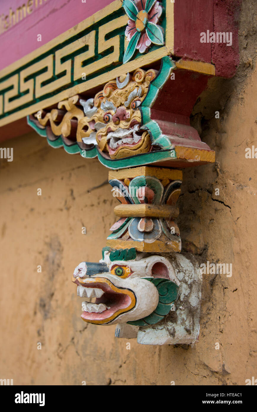 Bhutan, Thimphu. Detail of traditional Bhutanese architecture, ornately ...