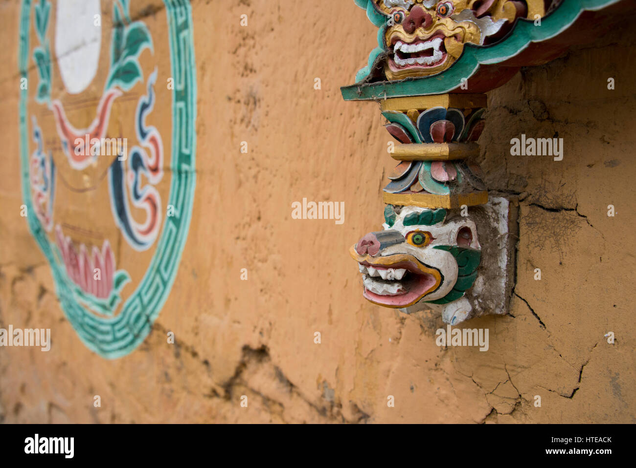 Bhutan, Thimphu. Detail of traditional Bhutanese architecture, ornately ...