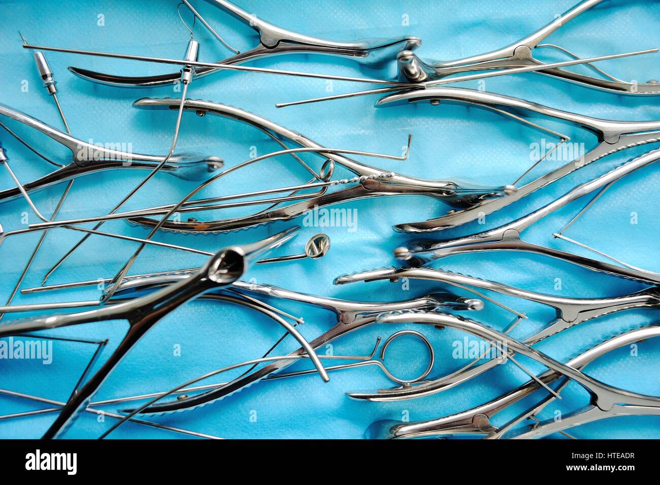 ENT Instruments closeup - nasal mirror, probes, cannulas for washing ...