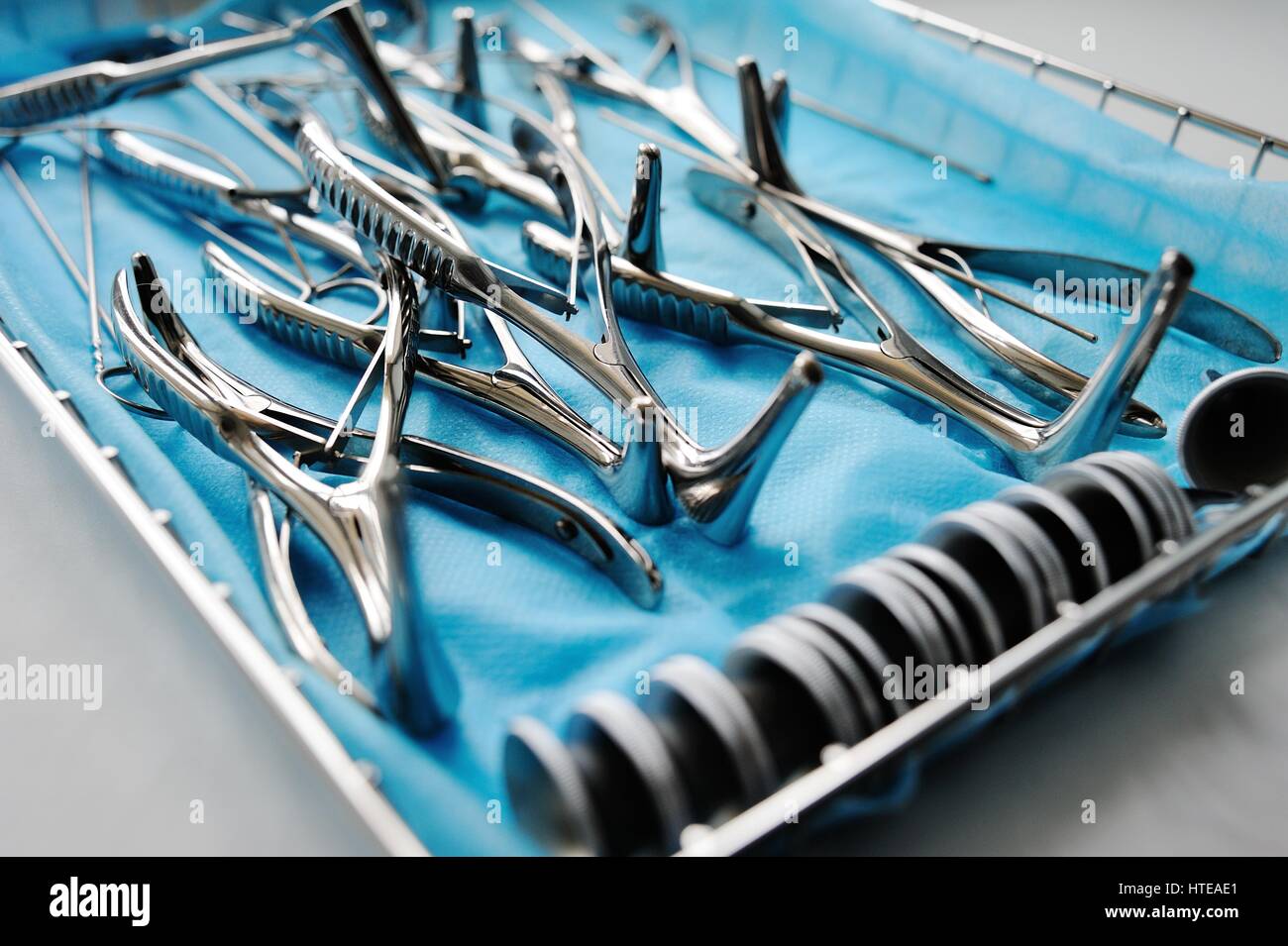 ENT Instruments closeup - nasal mirror, probes, cannulas for washing ...