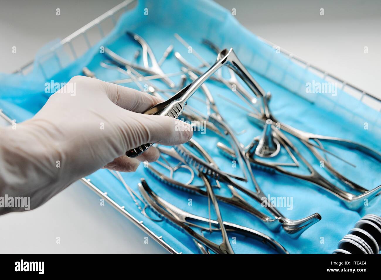 ENT Instruments closeup - nasal mirror, probes, cannulas for washing ...