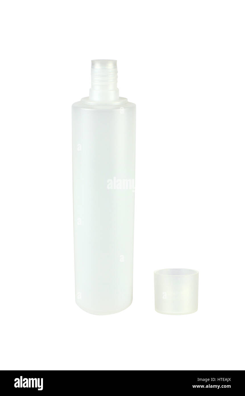 Open white plastic container for liquid substances with a lid beside ...