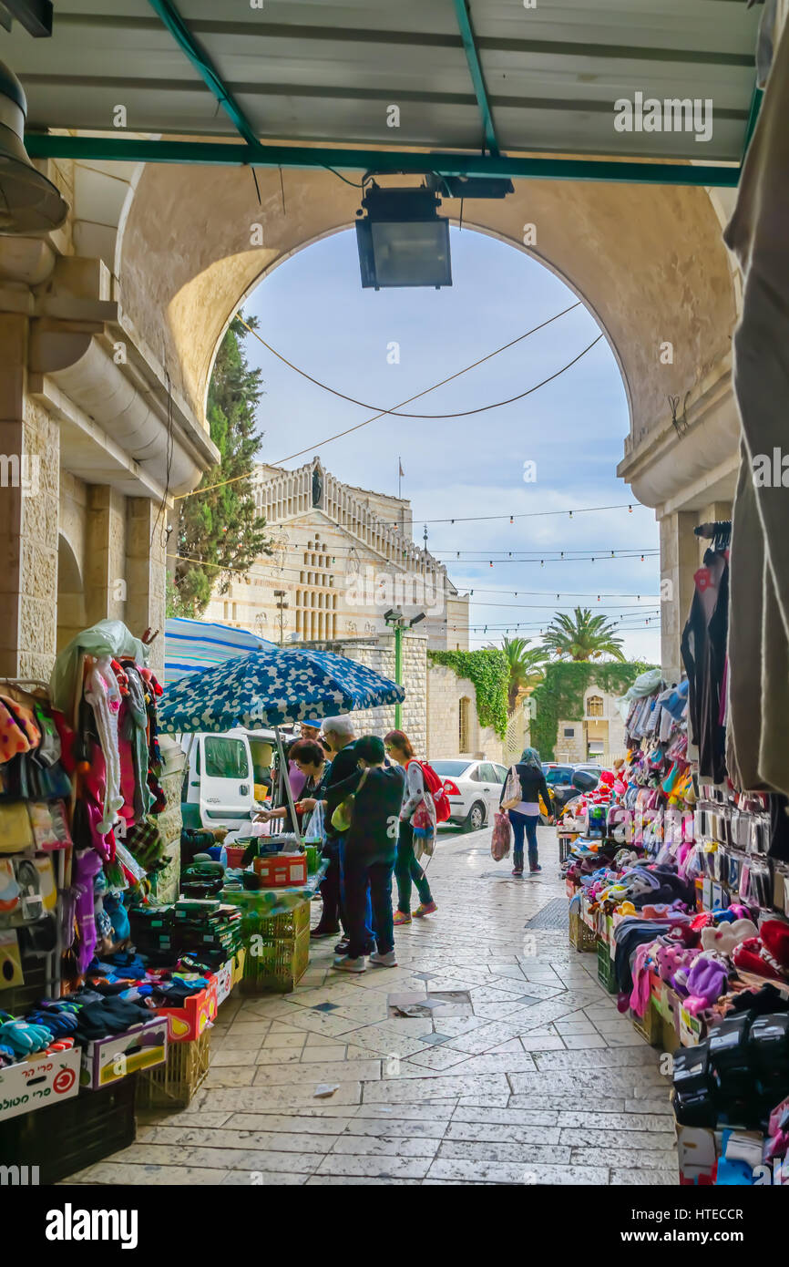 NAZARETH, ISRAEL - DECEMBER 16, 2015: Market Scene, with the Church of ...