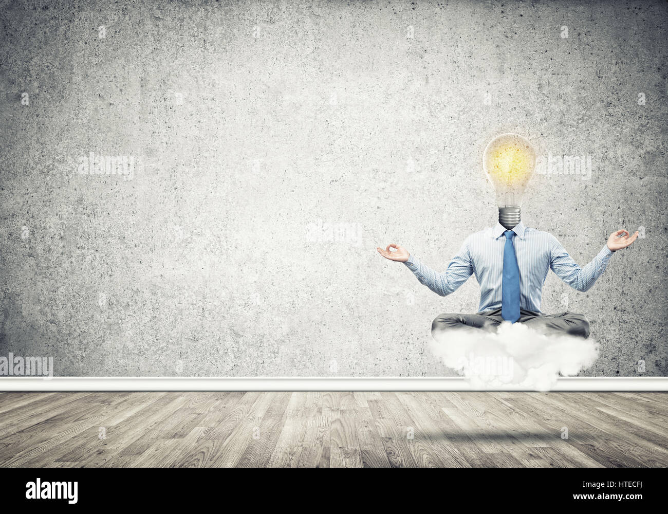 Businessman sitting in lotus pose and light bulb instead of his head ...