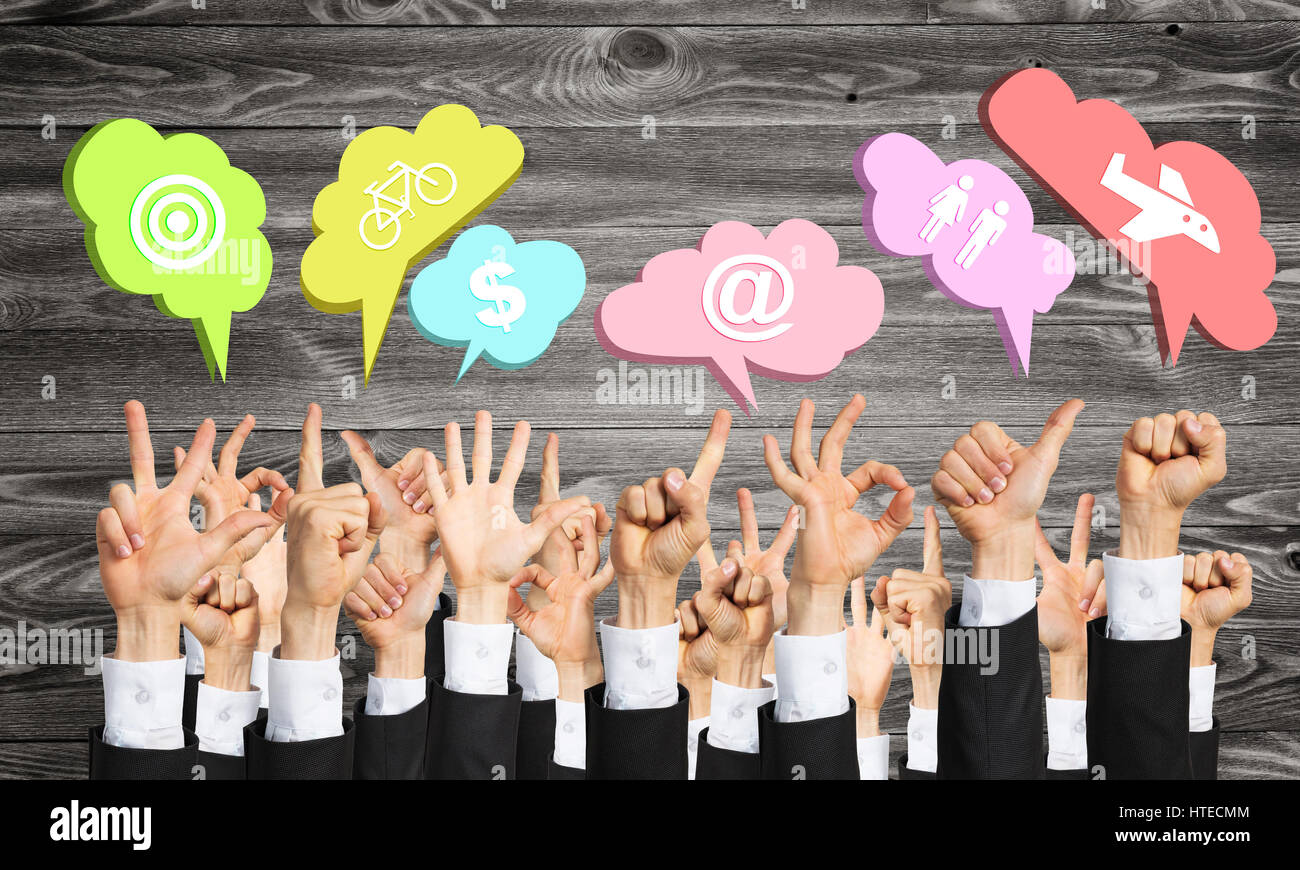 Many hands of businesspeople showing different gestures Stock Photo - Alamy