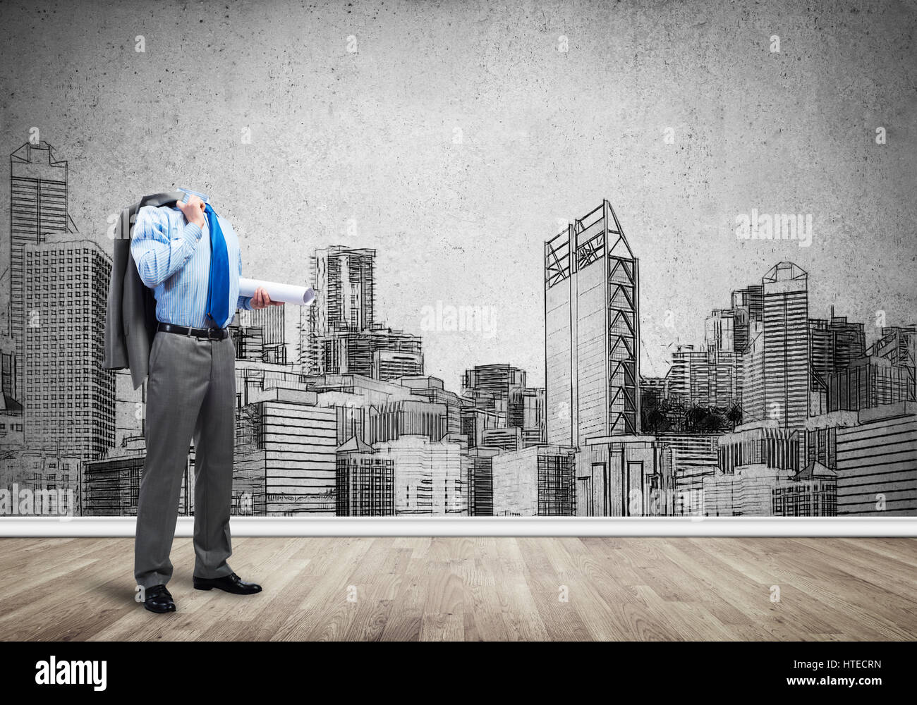 Headless engineer man with papers in hand against construction ...