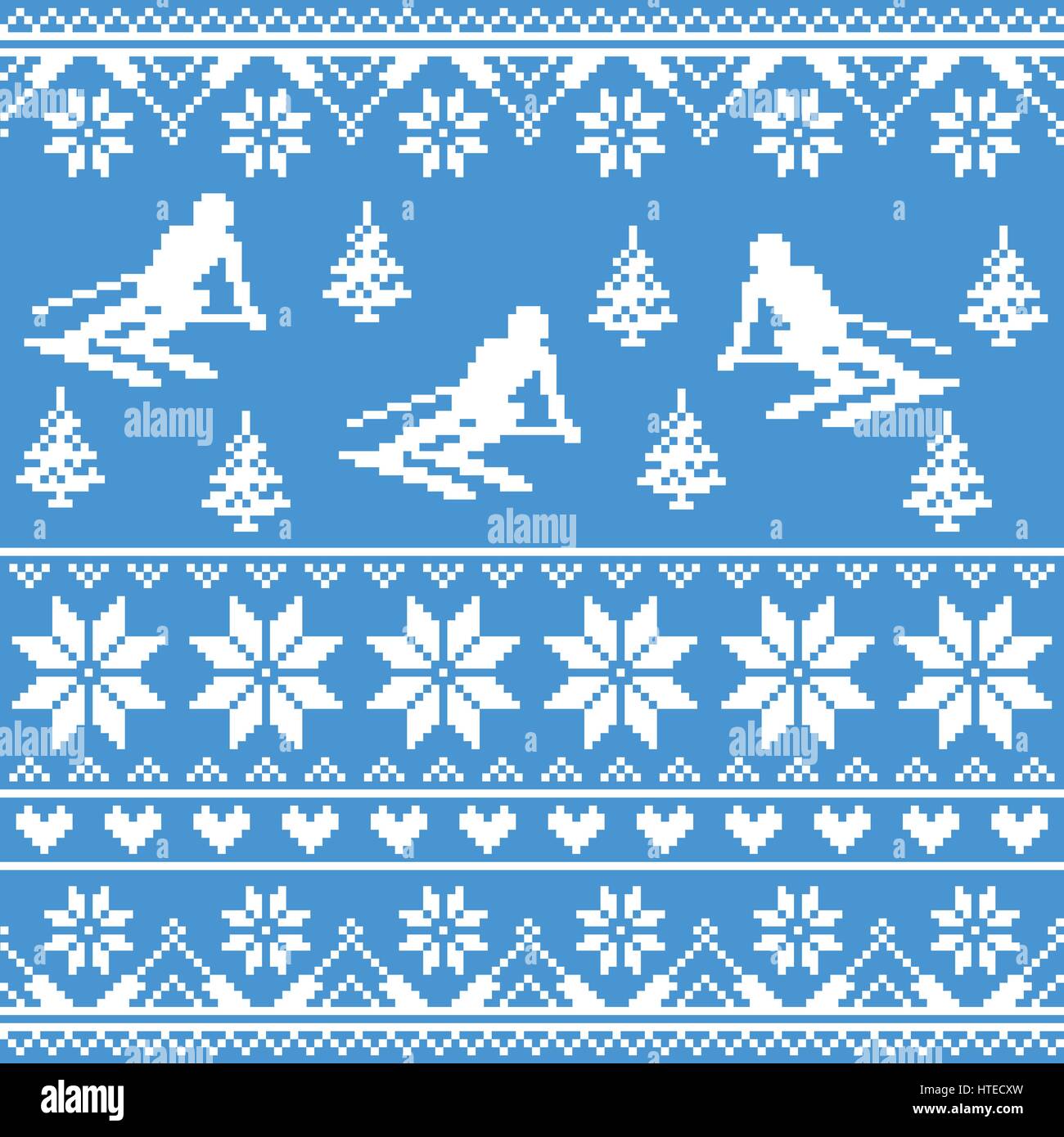 Winter knit pattern - man skiing on blue background Stock Vector Image ...