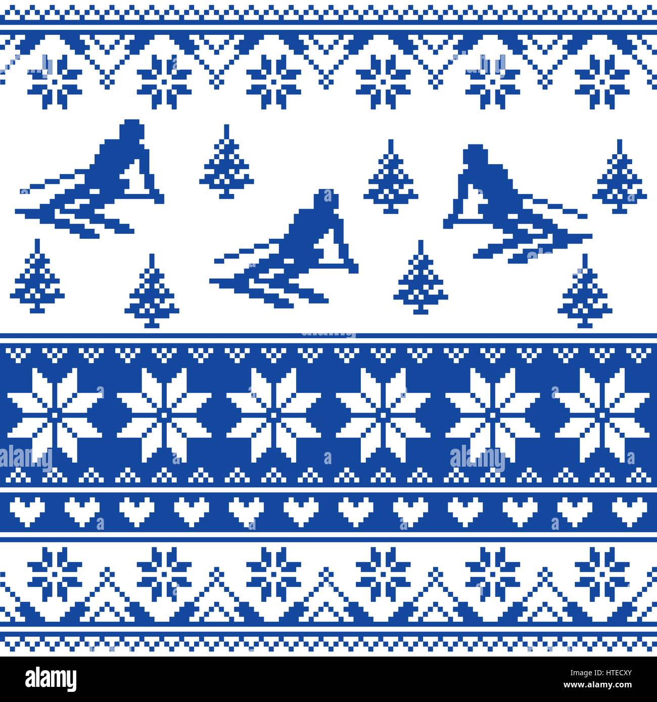 Winter knit pattern - man skiing - white and navy blue background Stock ...