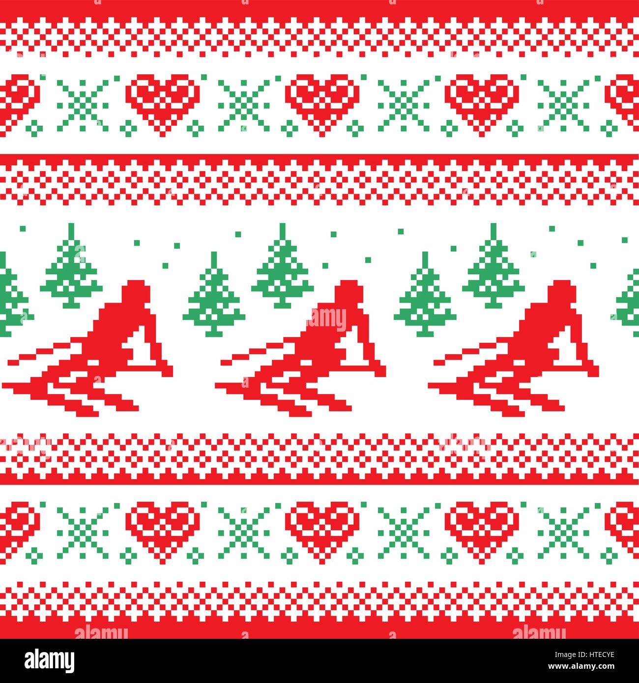 Christmas, winter red and green pattern - man skiing in mountains Stock ...