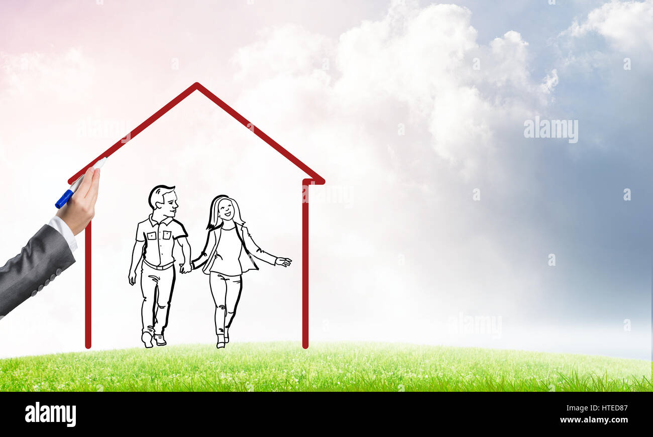 House figure as real estate symbol on clouds background Stock Photo - Alamy