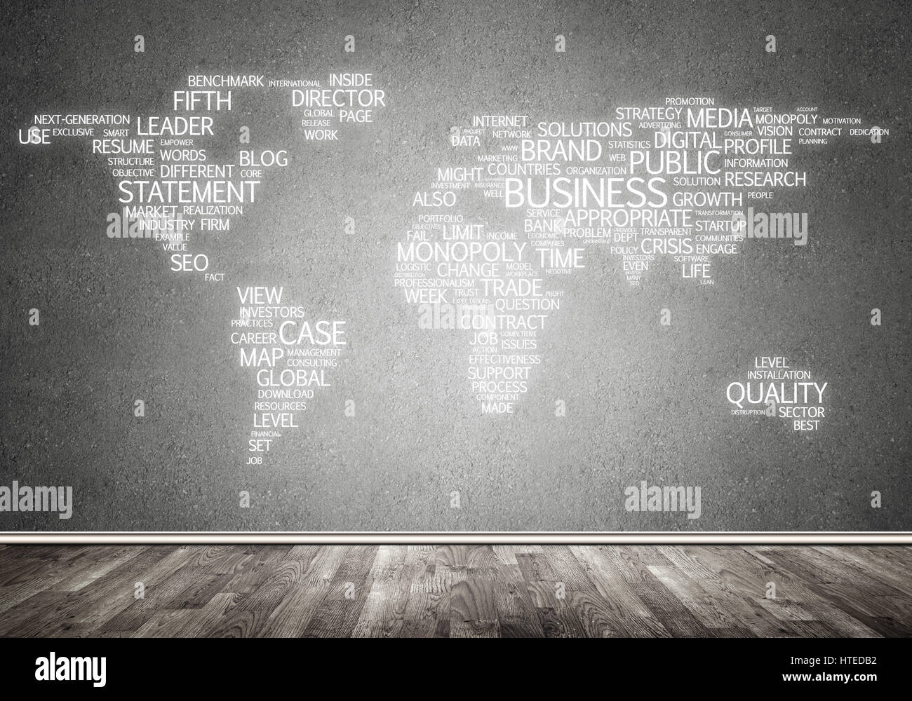 Concept of global business with world map on concrete wall Stock Photo ...