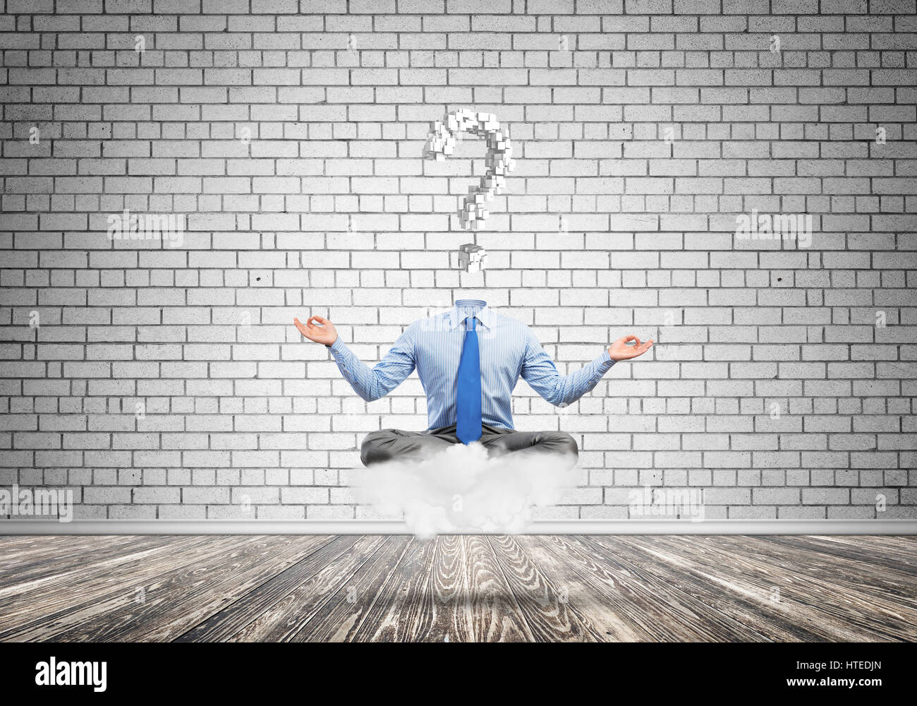 Businessman sitting in lotus pose and question mark instead of his head ...