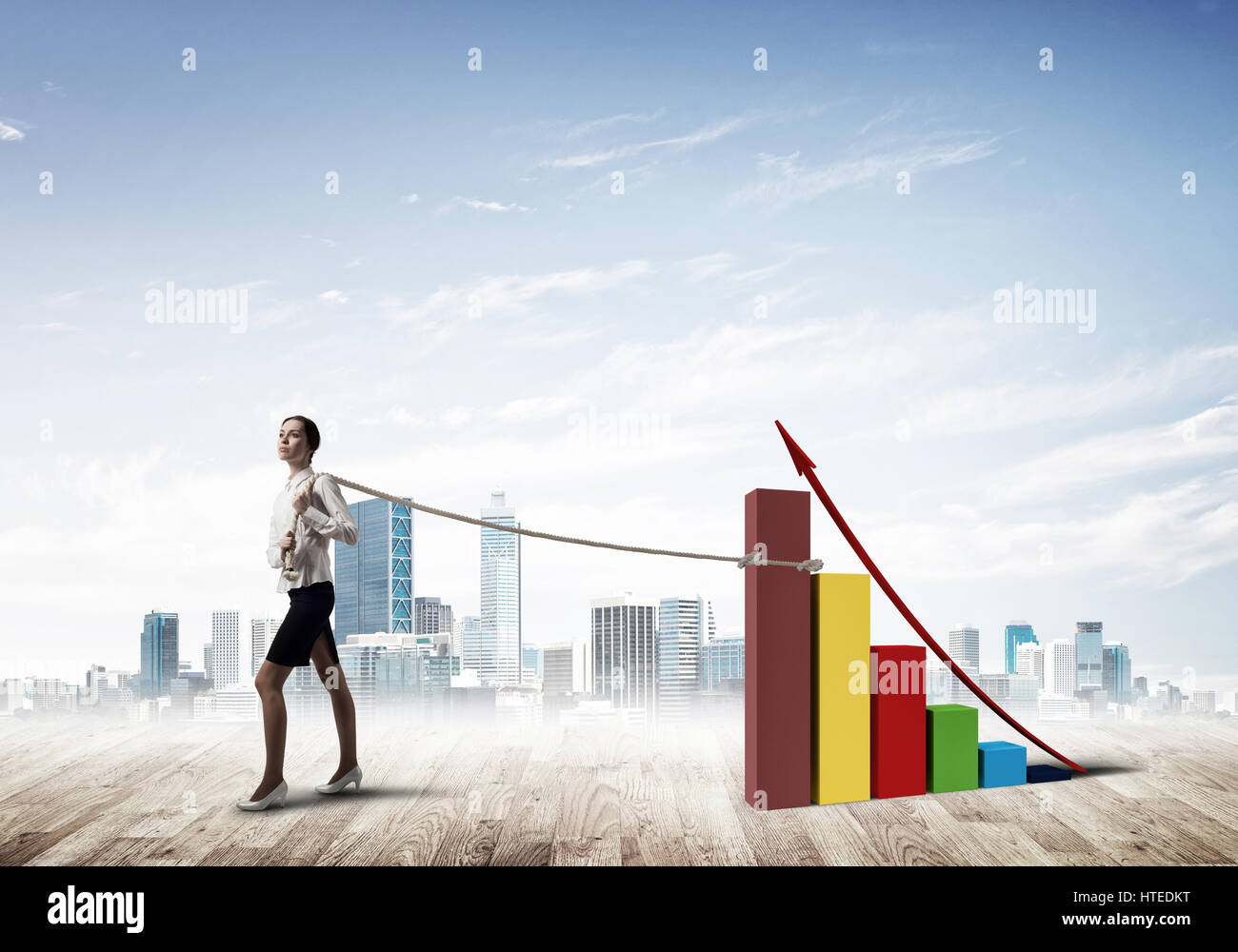 Young woman outdoors and growing graph presenting growth progress Stock ...