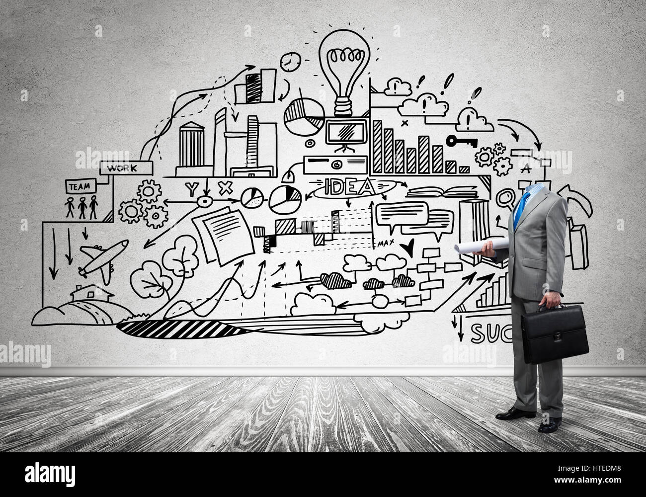 Headless engineer man with papers in hand against sketched background ...