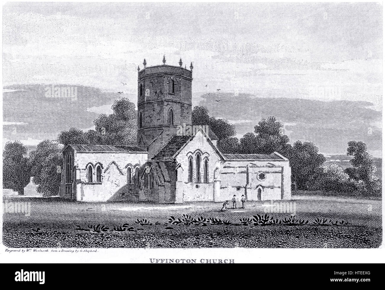 An engraving of Uffington Church Berkshire scanned at high resolution ...