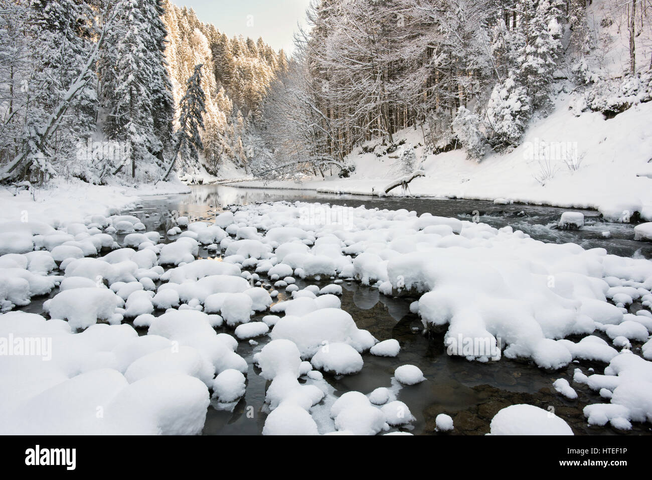panorama scene with ice and snow at river Ammer in Bavaria, Germany ...