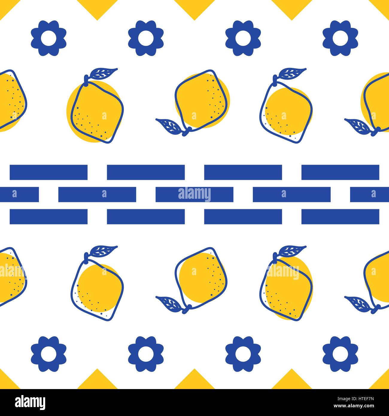 Blue and white lemon mediterranean seamless tile pattern. Geometric and ...