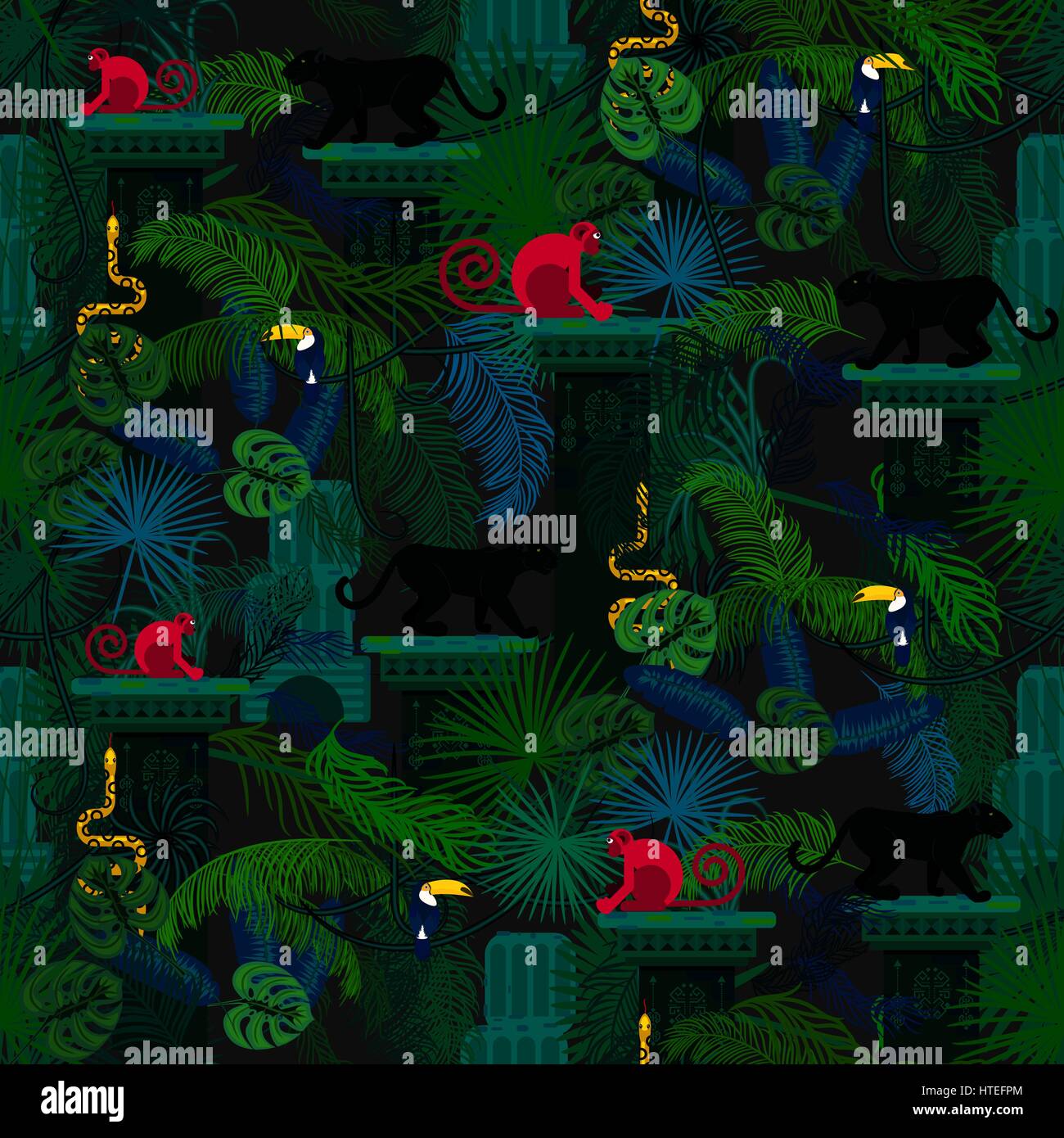Rainforest wild animals and plants seamless vector pattern. Panther and ...