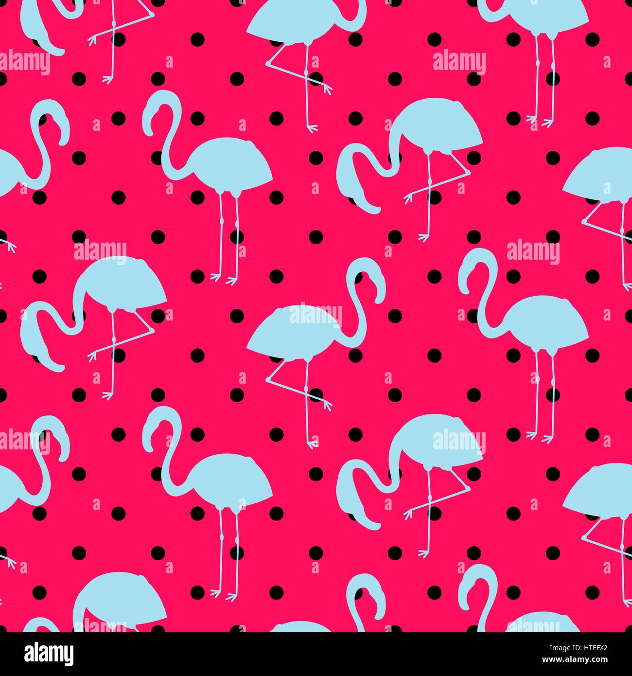 Blue and pink flamingo silhouette dotted pattern vector. Girlish glam ...