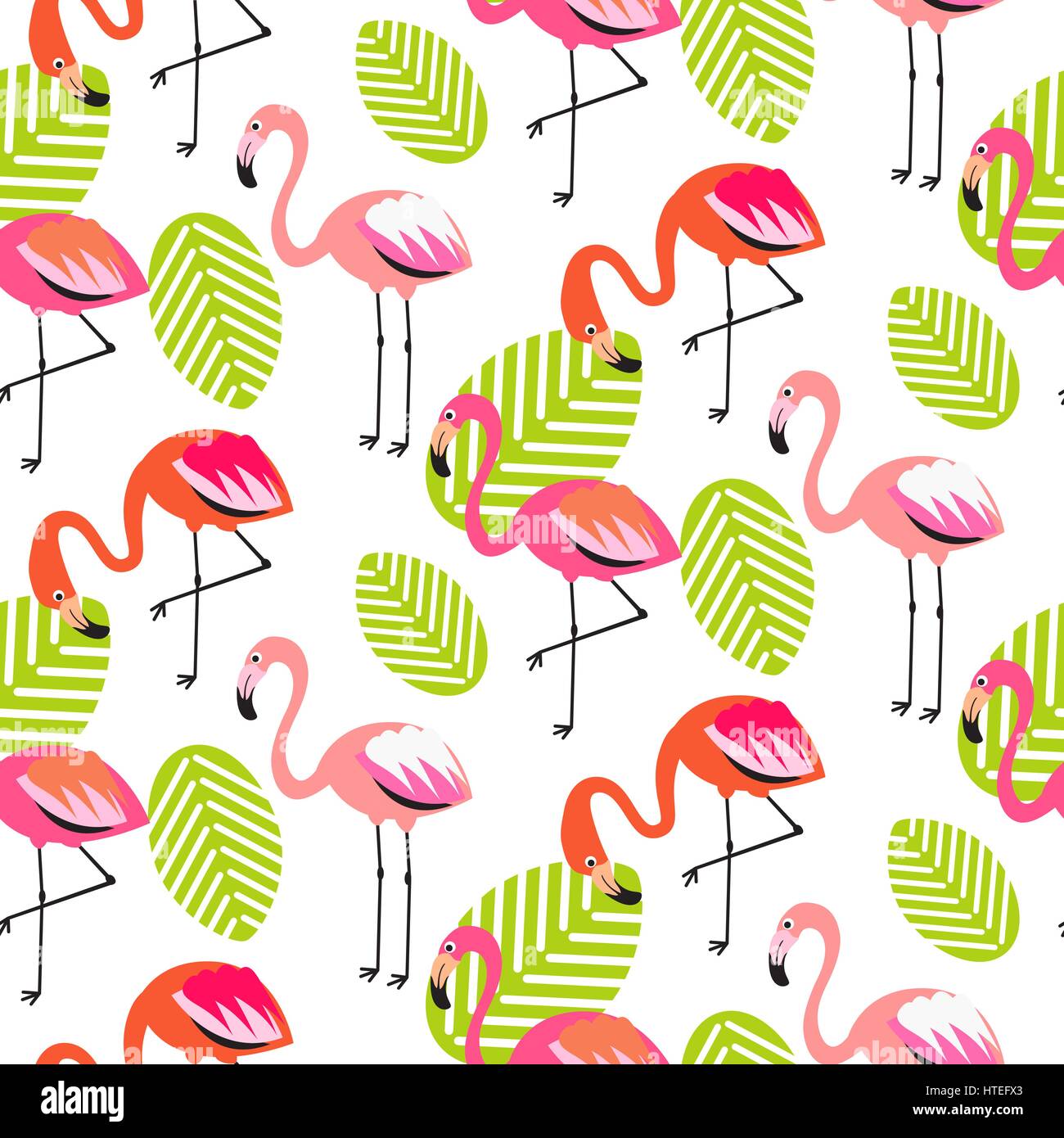 Summer flamingo and leaves seamless pattern. Aloha pink birds and green ...