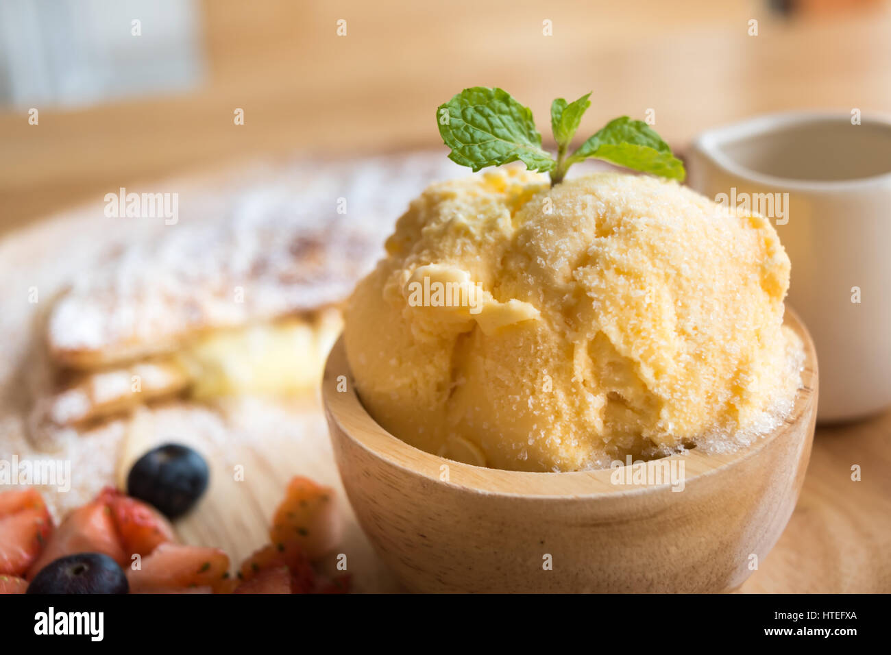 closeup fresh homemade dessert soft vanila roti with cool ice cream ...