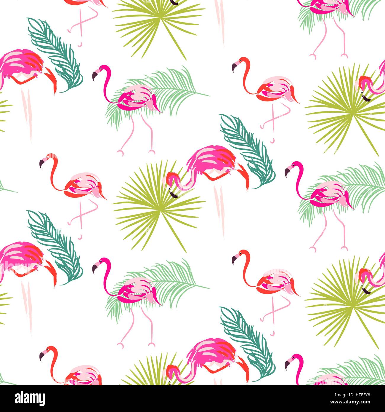 Summer flamingo and palm tropic branches seamless pattern. Aloha exotic ...