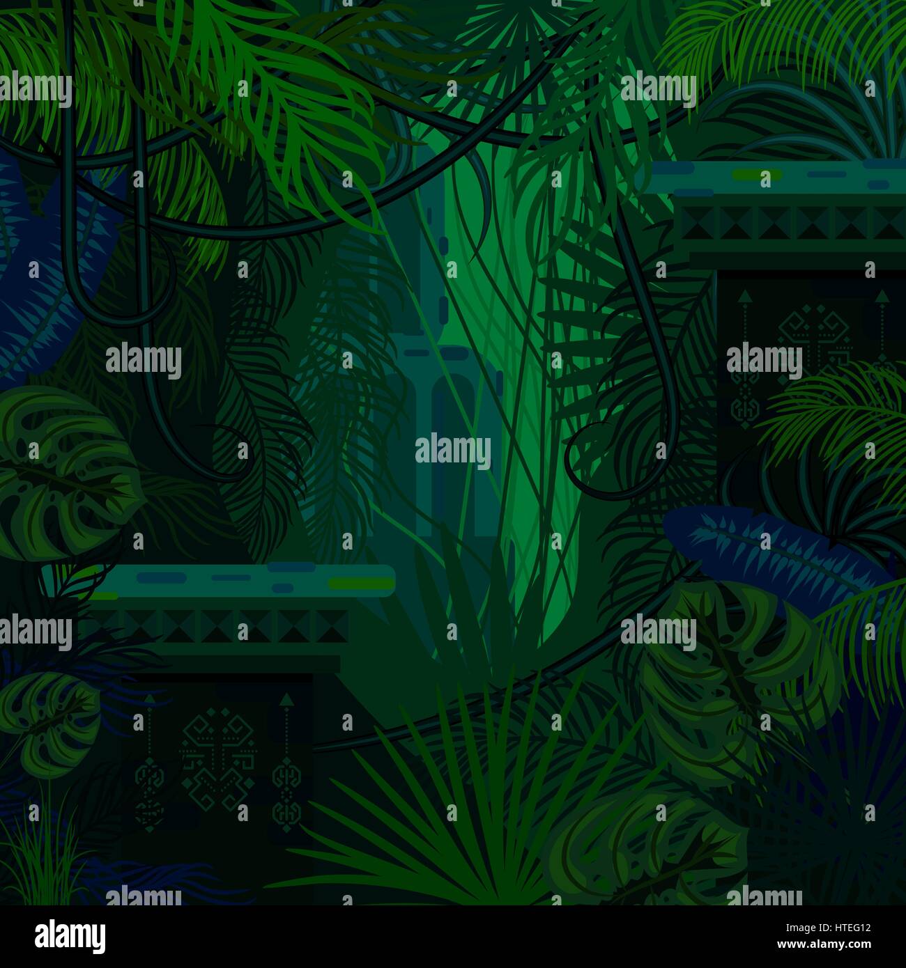 Dense foliage jungle nature background. Dark green and blue palm leaves ...