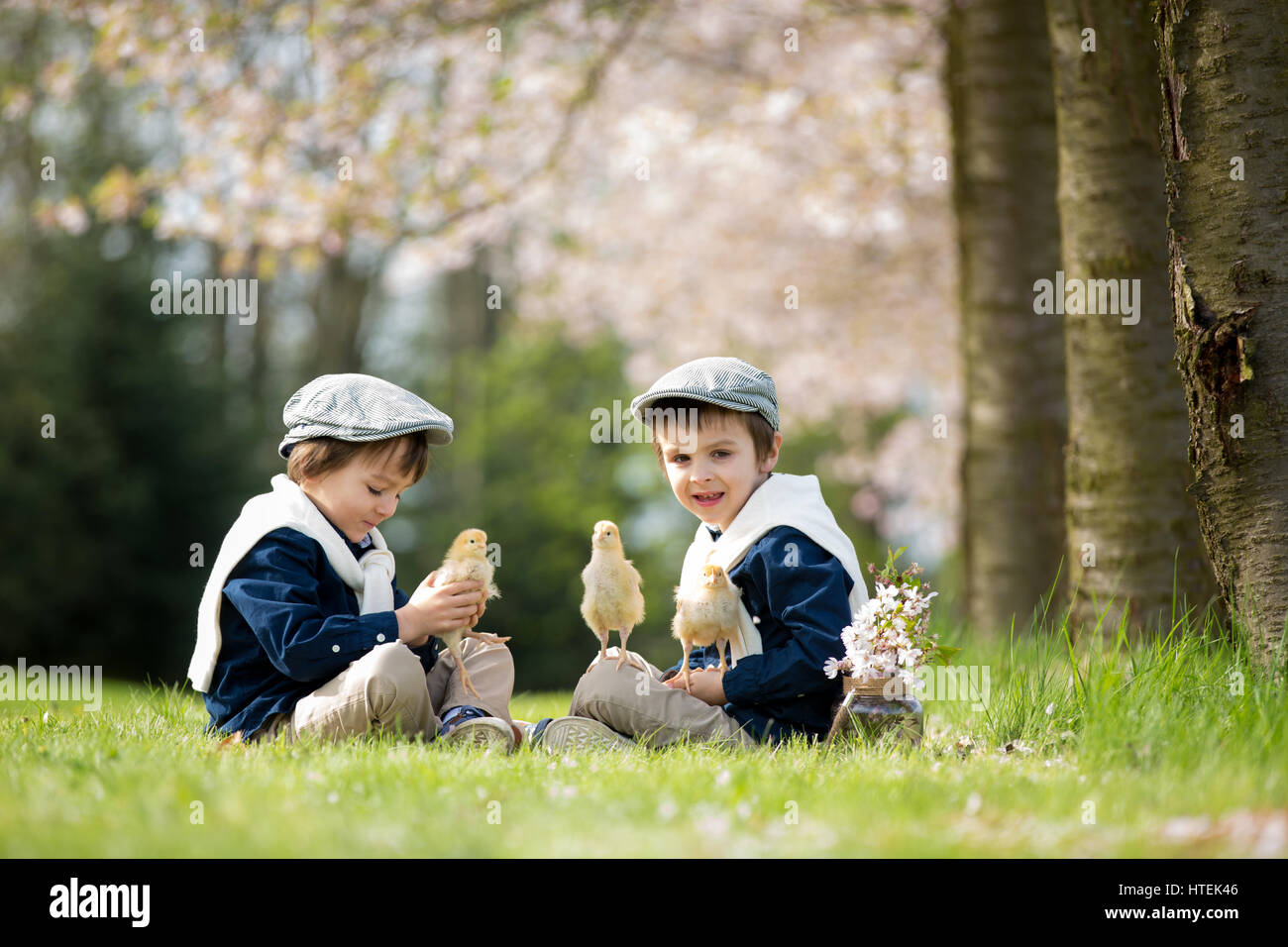 Two adorable preschool children, boy brothers, playing with little ...