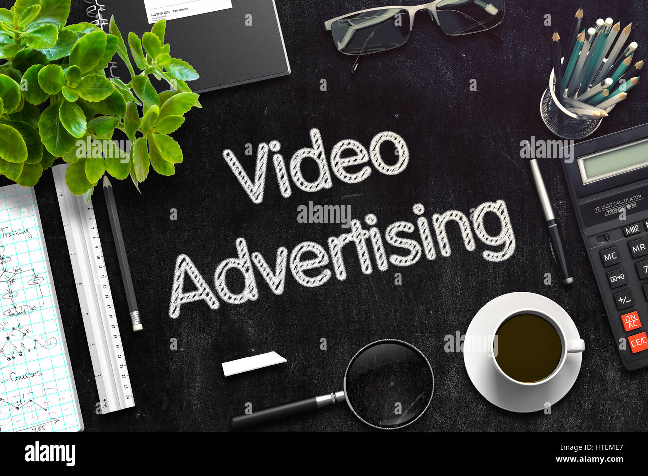 Video Advertising Handwritten on Black Chalkboard. 3d Rendering. Toned ...