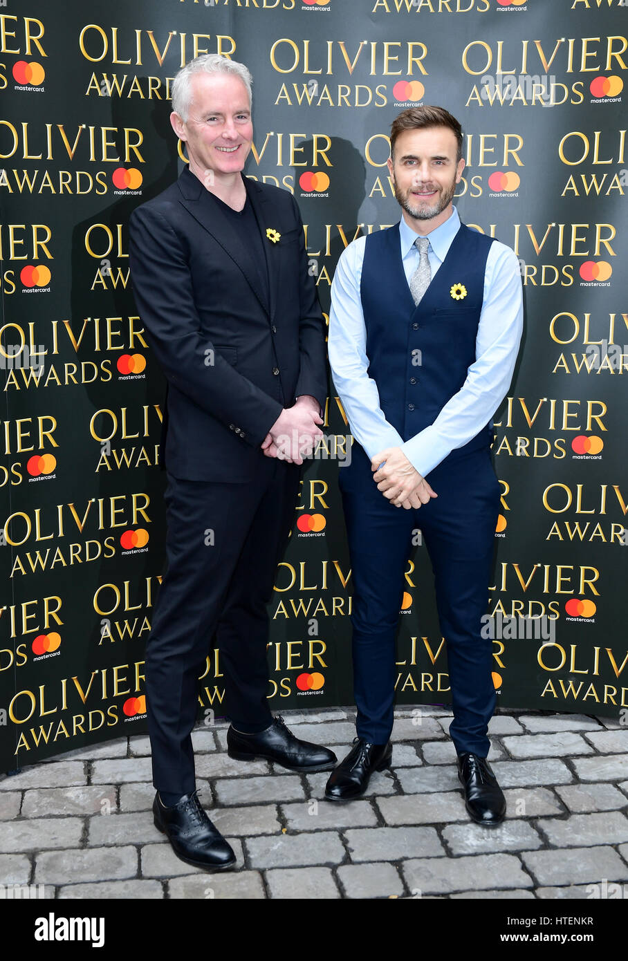 Tim Firth (left) and Gary Barlow arriving at the Olivier Awards ...