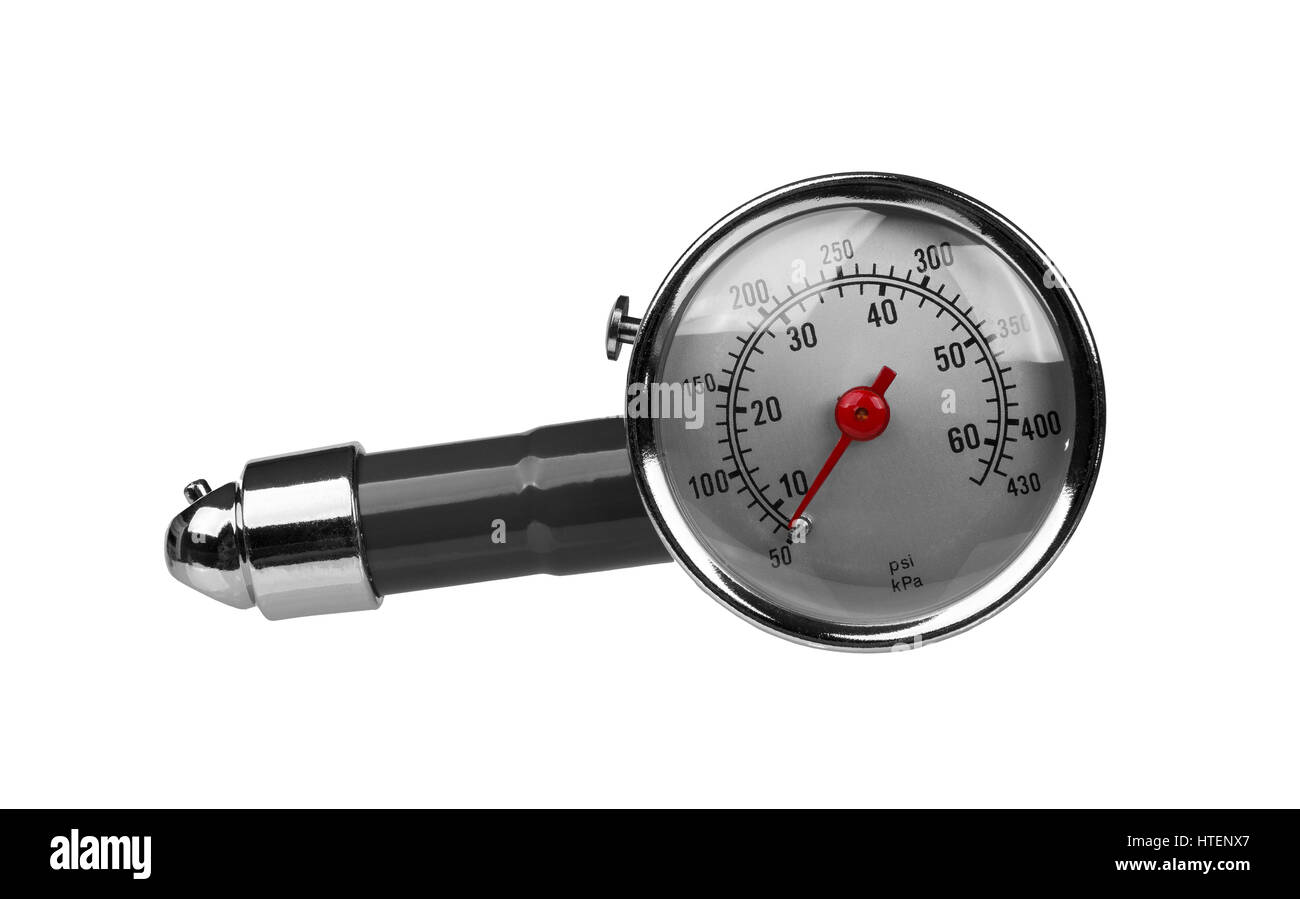 Car tire manometer with red arrow isolated on white background Stock ...