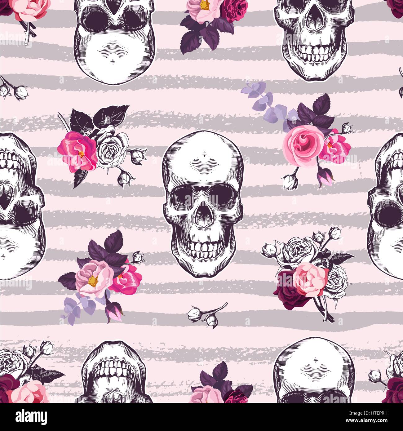Kitschy seamless pattern with human skulls and half-colored buds of ...