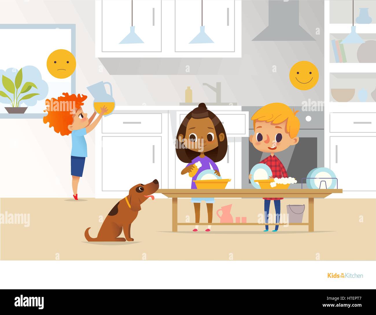 Children doing daily routine activities in kitchen. Two kids washing ...