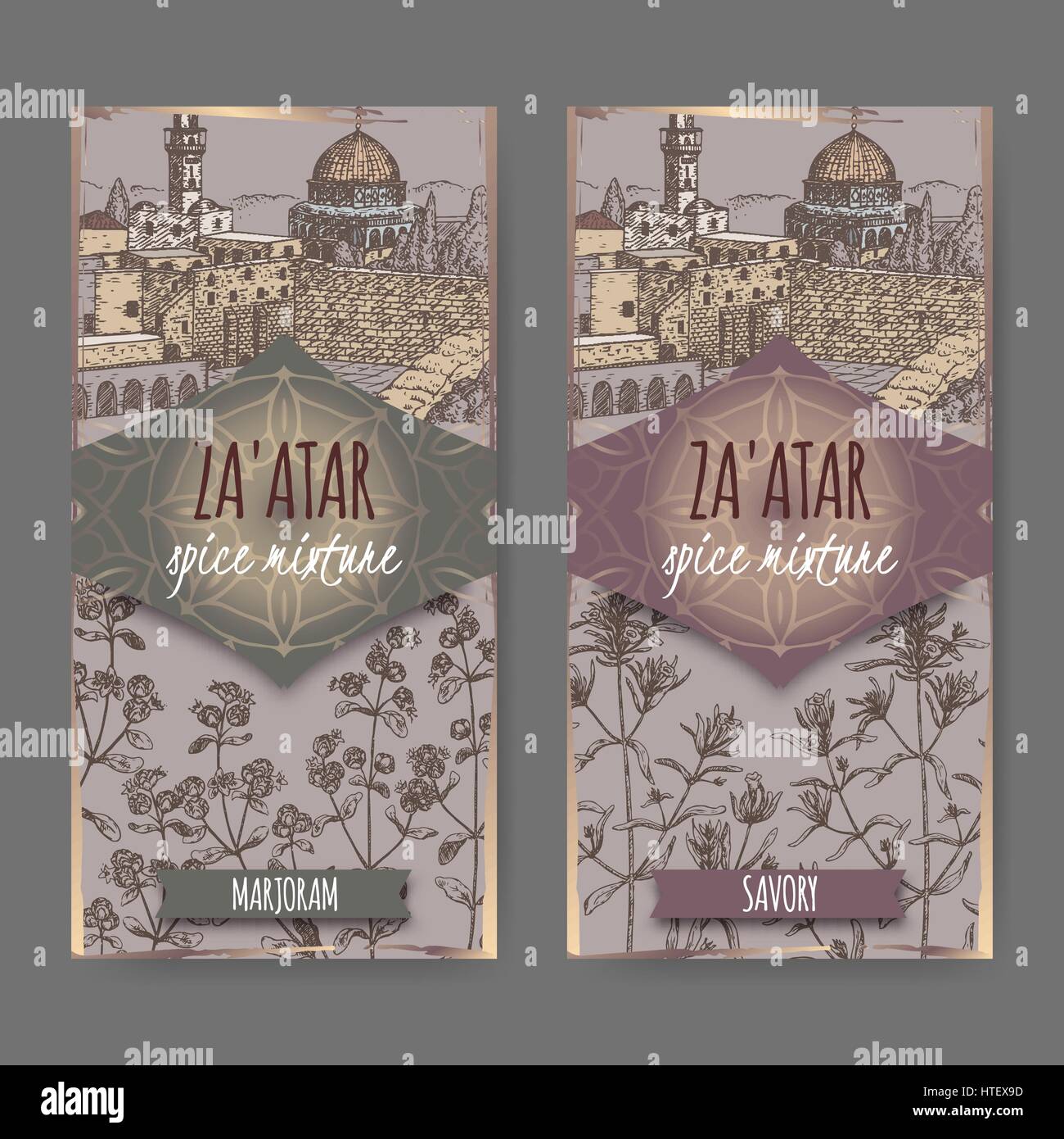 Two Zaatar spice mixture labels with Jerusalem town landscape, marjoram ...
