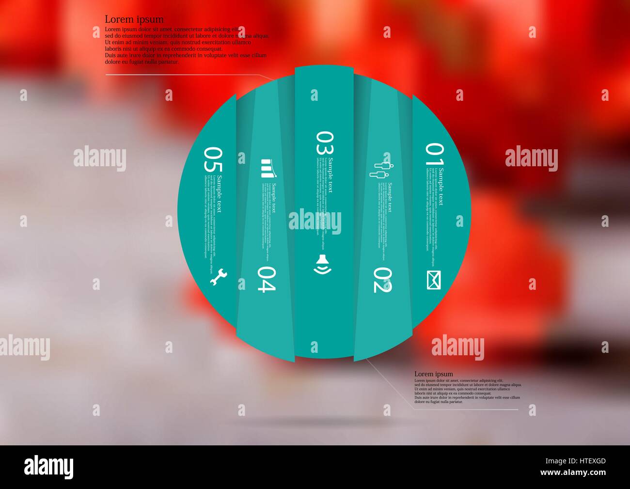 Illustration infographic template with motif of circle vertically divided to five green ...