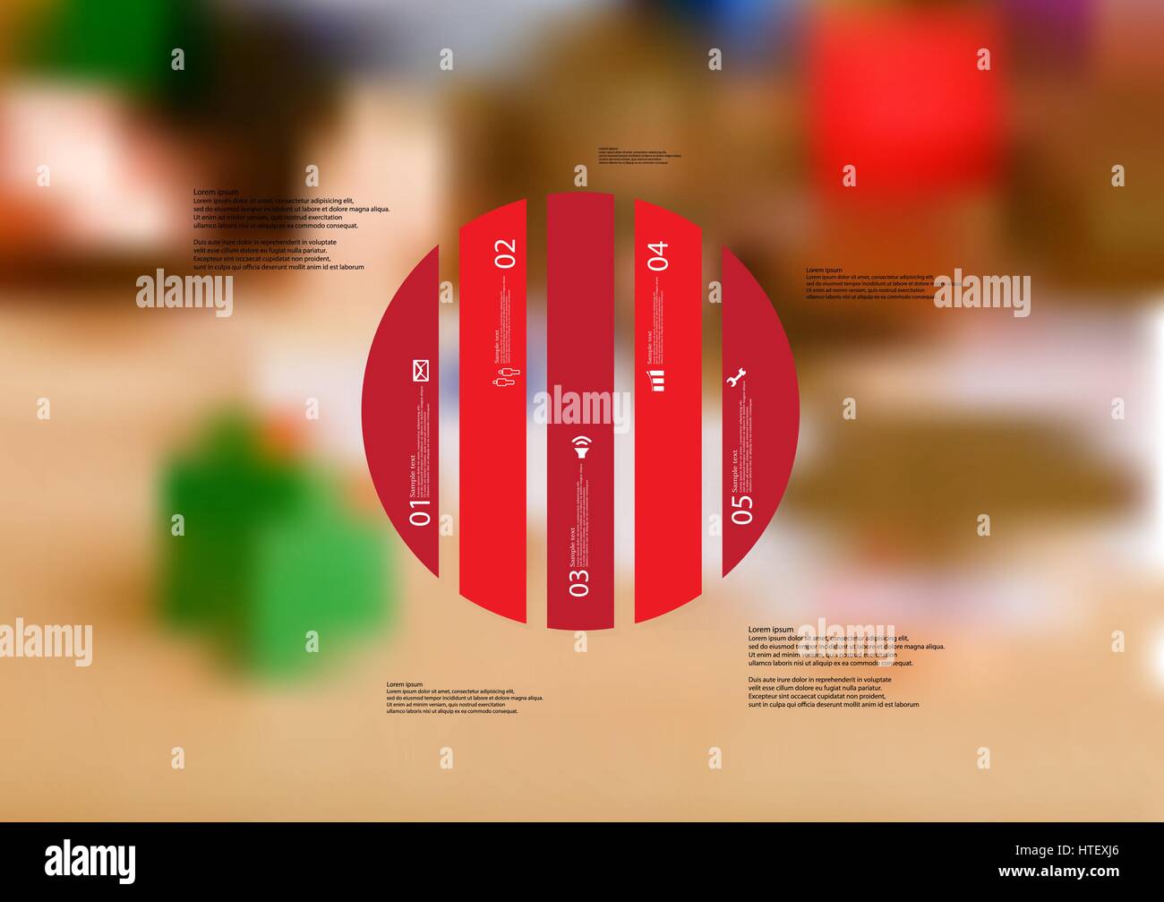 Illustration infographic template with motif of circle vertically divided to five red standalone ...