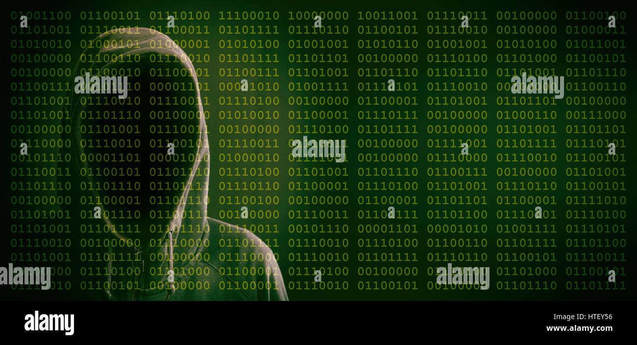 Hooded faceless man on binary code background Stock Photo - Alamy