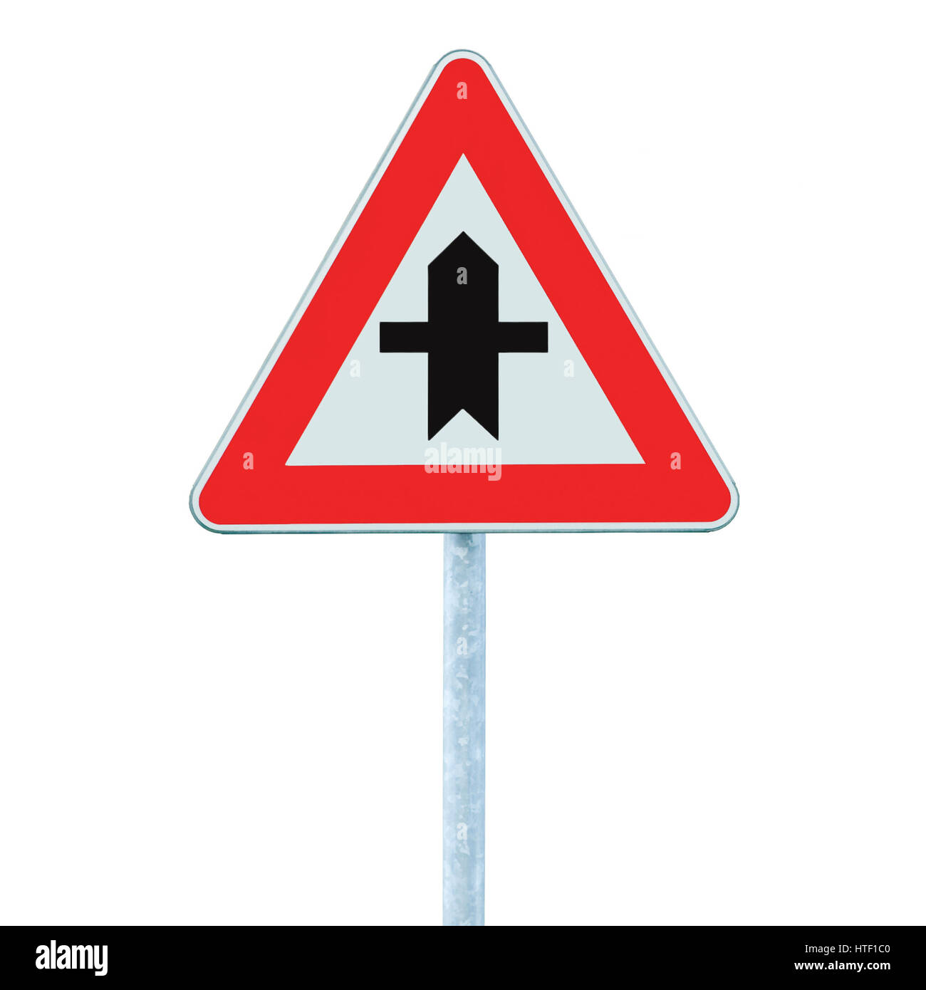 Crossroads Warning Main Road Sign With Pole, isolated closeup Stock ...