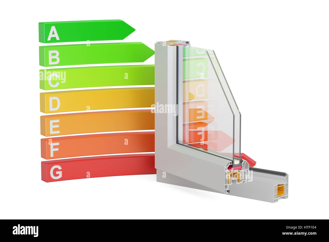 Energy efficiency graph with plastic windows profiles, 3D rendering ...