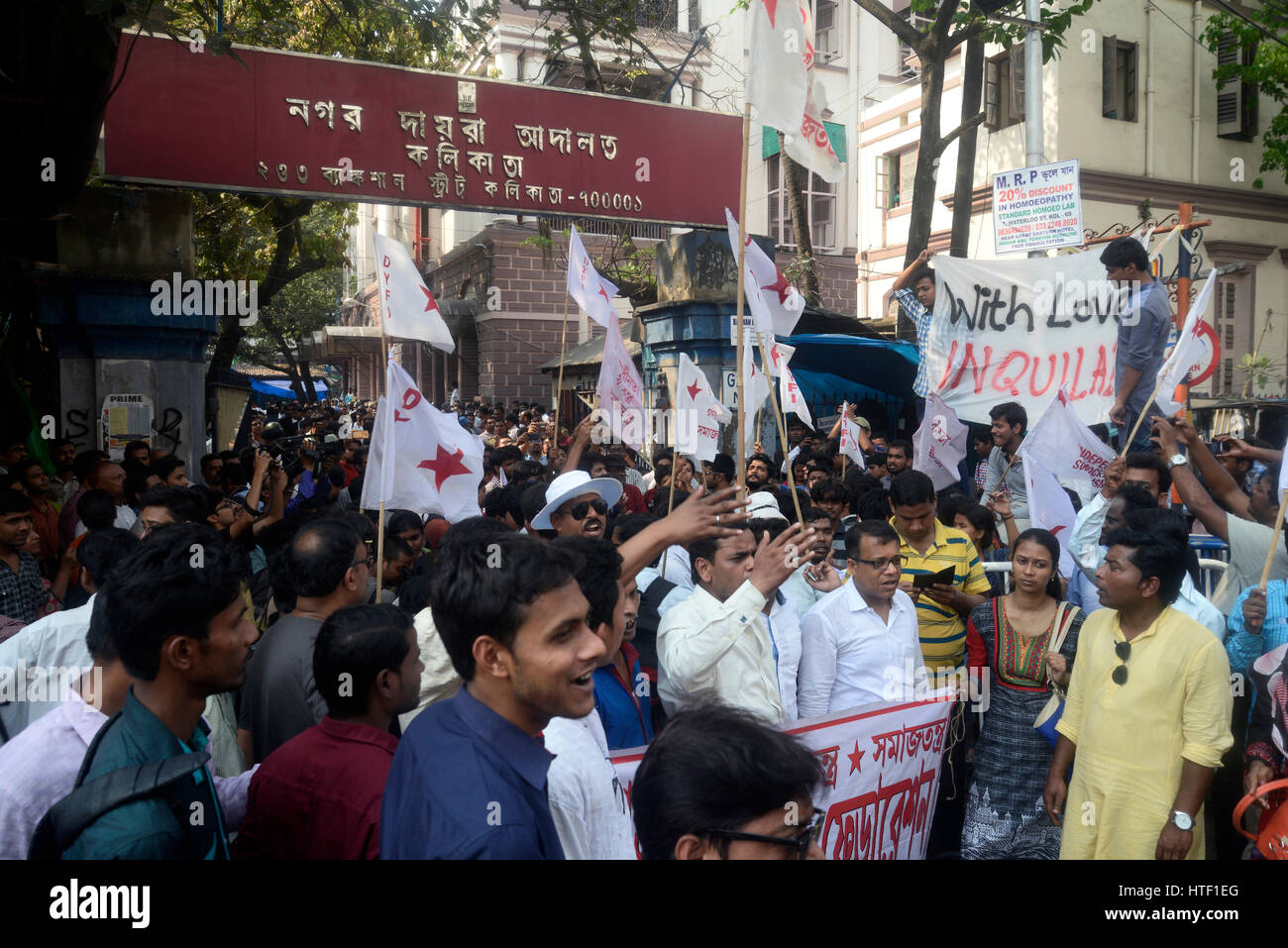Kolkata, India. 10th Mar, 2017. SFI and DYFI activist shout slogans ...