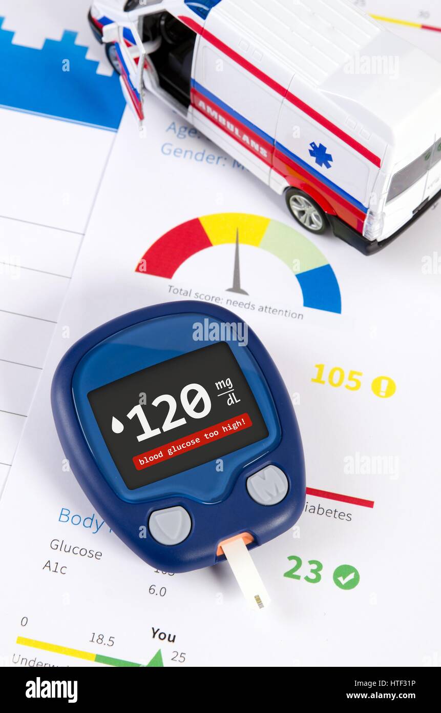 Diabetes, glucometer sugar measure on health report documents ...