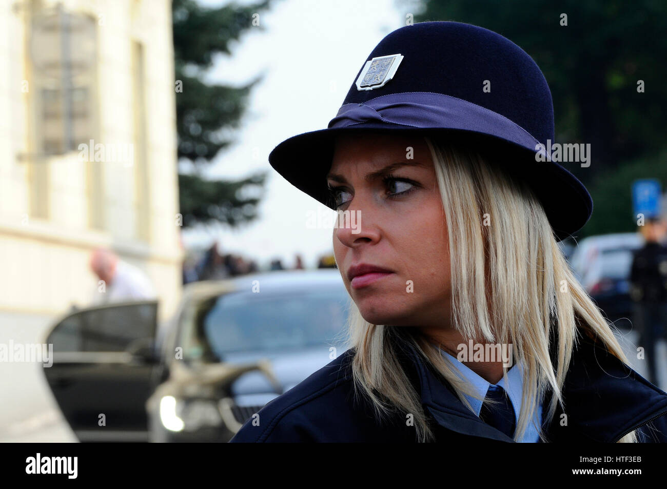Young policewoman guards upon arrival of the President of Czech ...