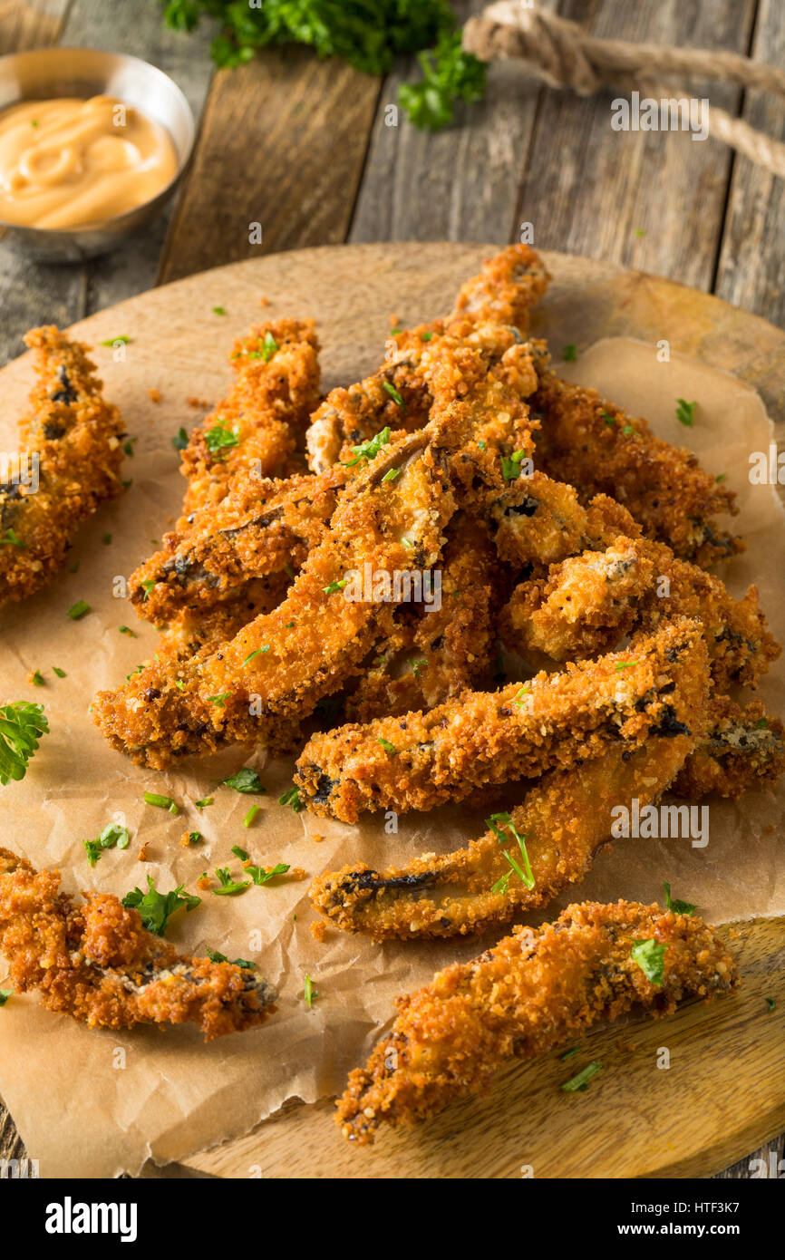 Homemade Breaded Fried Portabella Mushroom Fries with Aioli Stock Photo ...