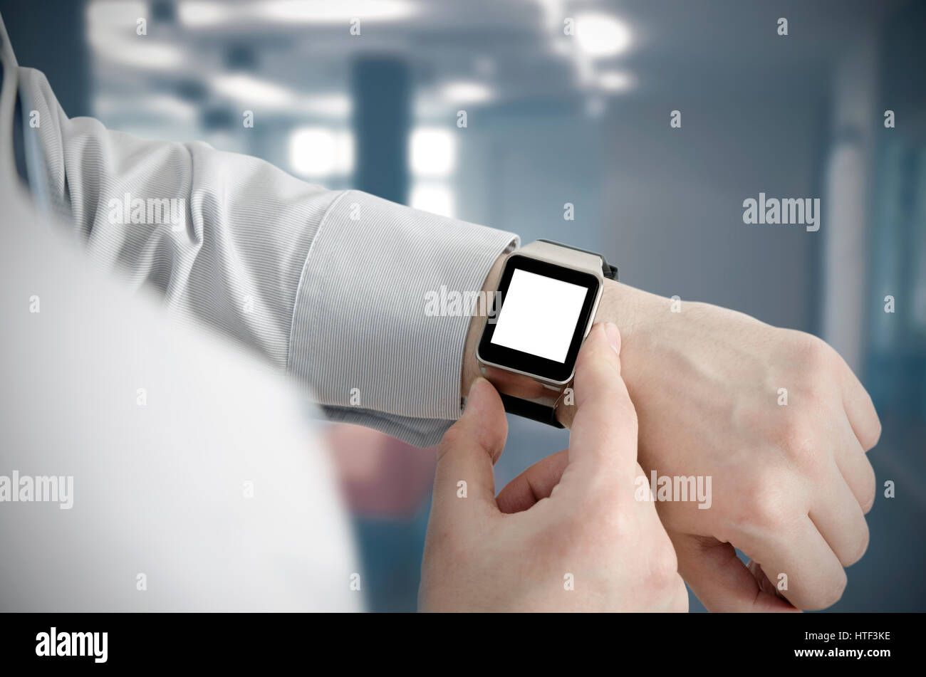 Man using smartwatch with e-mail notifier. smartwatch hand device ...