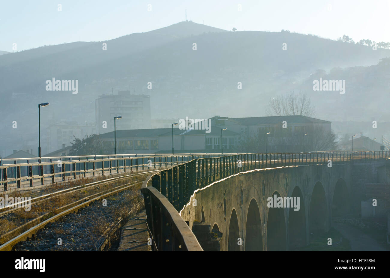 View of hill Vrsnik in Veles, Republic of Macedonia, from iron bridge ...