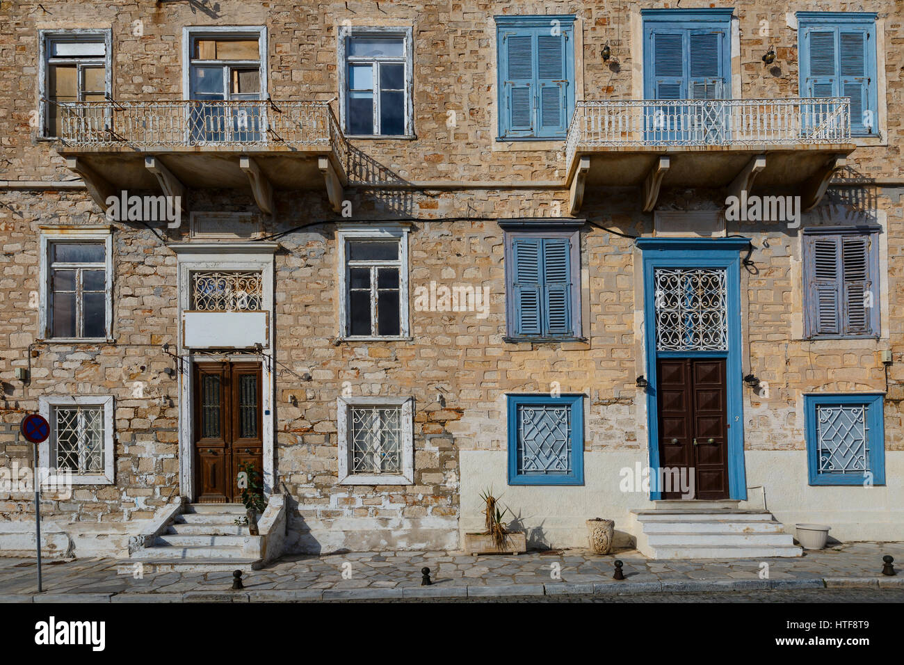 Facades of old buildings in Ermoupoli town on Syros island in Greece ...