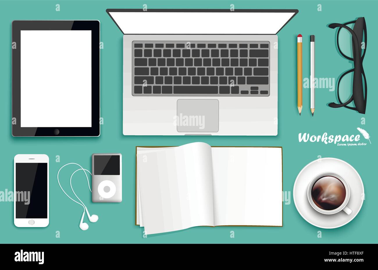 workspace with laptop, phone, notebook Stock Vector Image & Art - Alamy