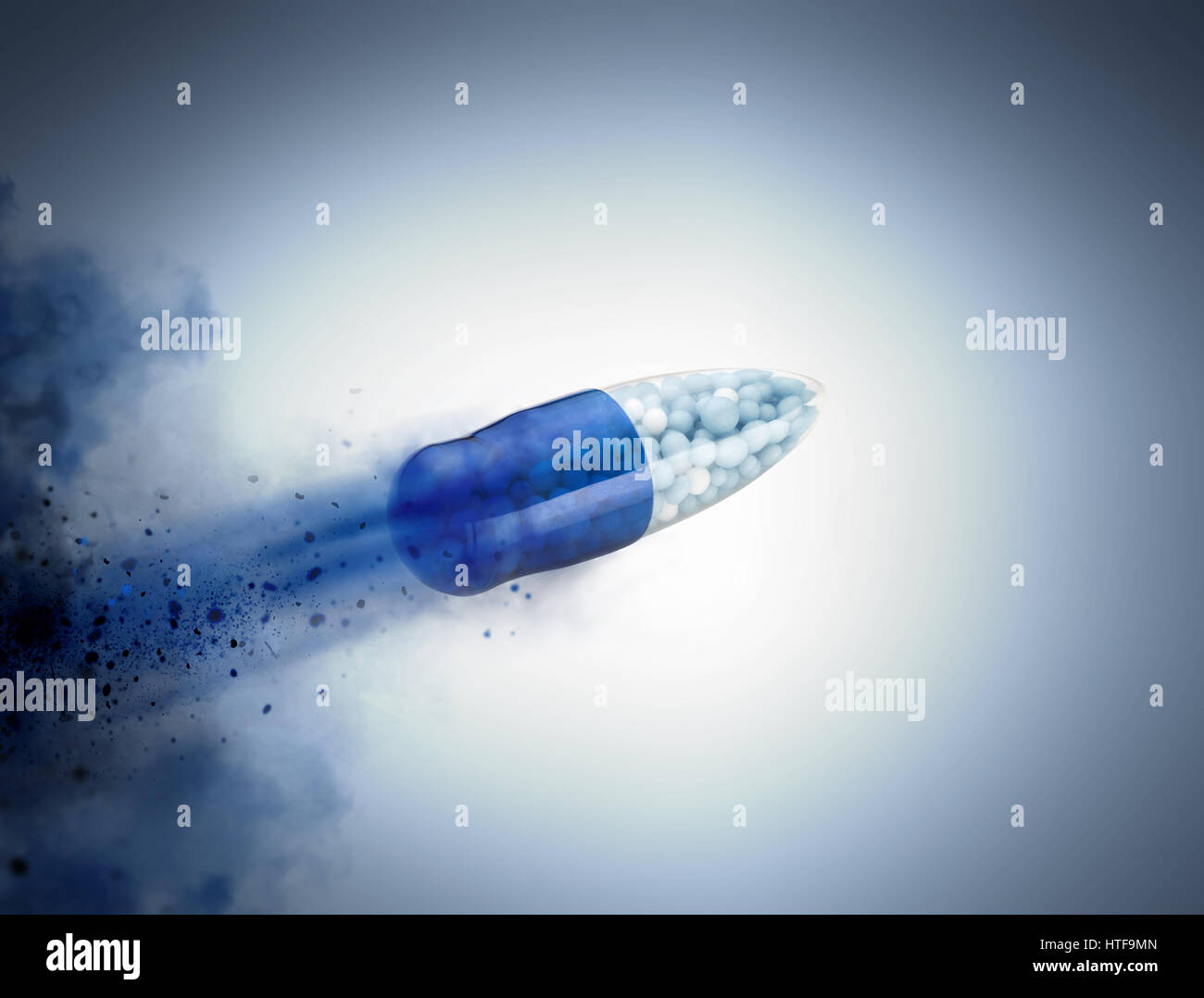 Blue capsules and pills background. Concept of Bullet and direct hit in ...