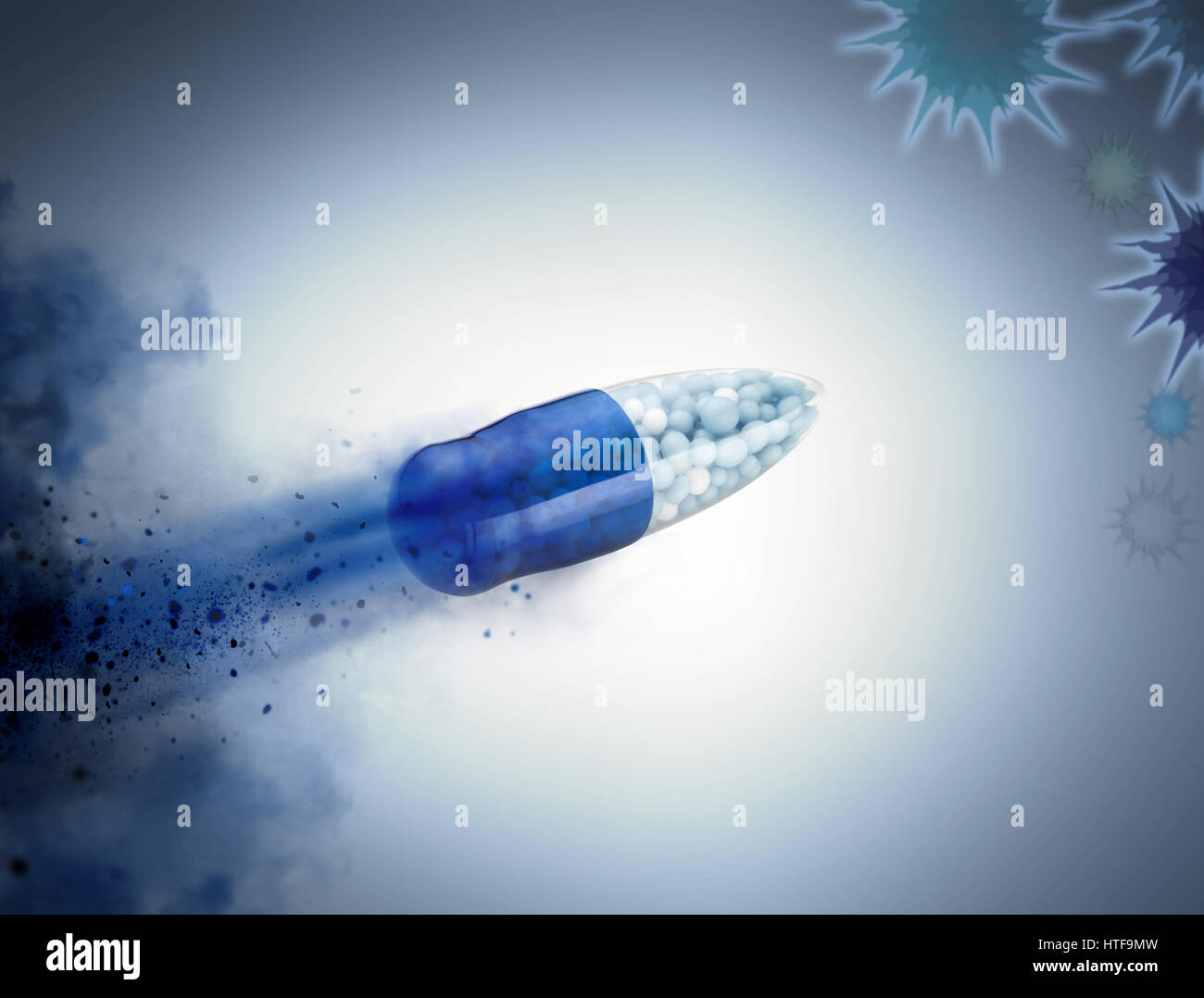 Blue capsules and pills background. Concept of Bullet and direct hit in ...