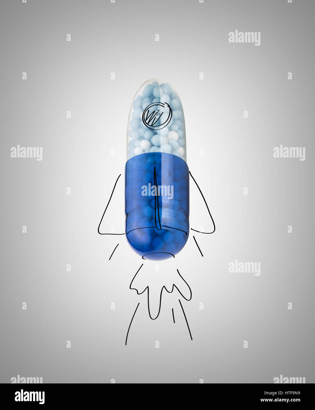 Blue capsules and pills background. Concept of Bullet and direct hit in ...